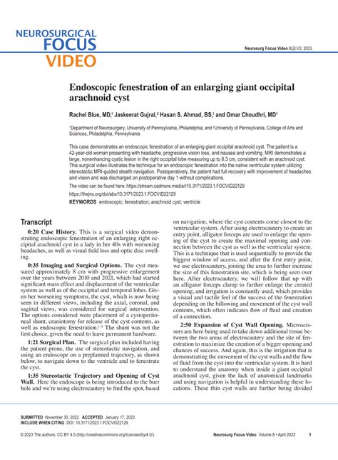 Pdf Endoscopic Fenestration Of An Enlarging Giant Occipital Arachnoid Cyst