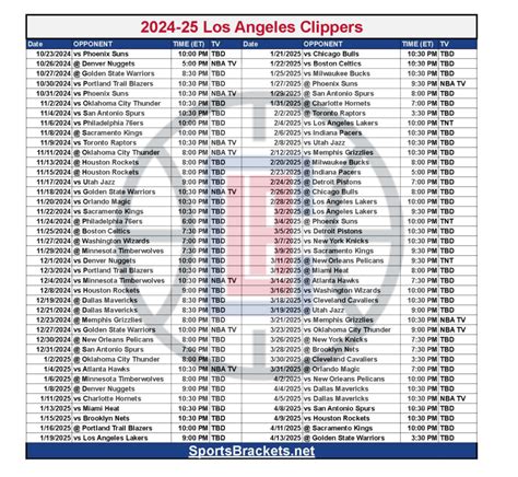 Printable 2025 26 Los Angeles Clippers Schedule Tv Broadcasts And