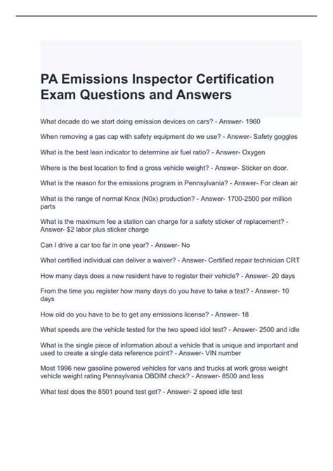Pa Emissions Inspector Certification Exam Questions And Answers Pa