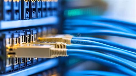 Generative Ai High Tech Network Switch With Blue Ethernet Cables Connected For Data Transmission