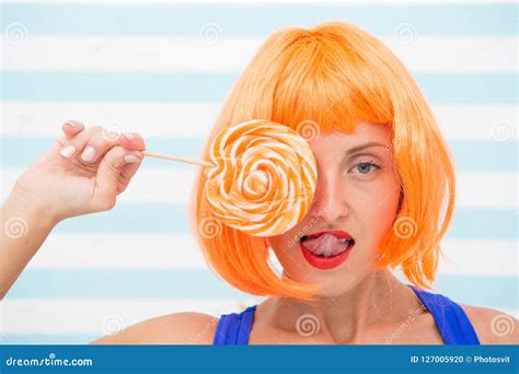 Crazy Girl In Candy Shop Pretty Girl With Lollipop In Sweet Shop Crazy About Candies Stock
