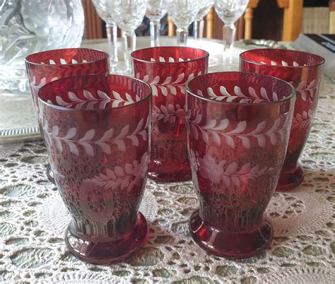 Drinking Glasses And Stemware Set Of 5 Bohemian Glass Ruby Red Glasses