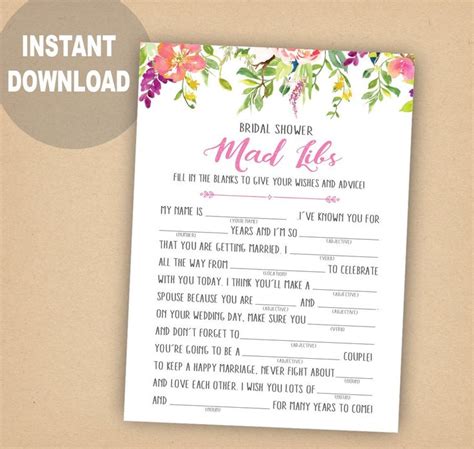 Bridal Shower Mad Libs Game Bridal Shower Games Printable Pink