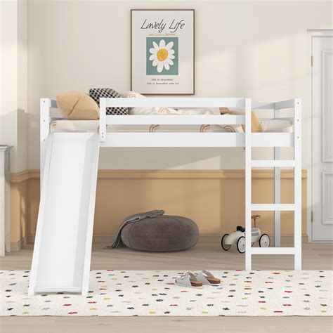 Bellemave Full Size Loft Bed With Slide Solid Wood Full Bed Frame With