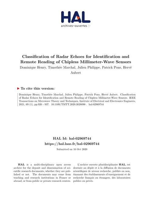 Pdf Classification Of Radar Echoes For Identification And Remote Reading Of Chipless