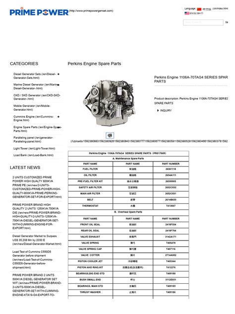 Perkins Engine 1106a 70tag4 Series Spare Parts Pdf Diesel Engine