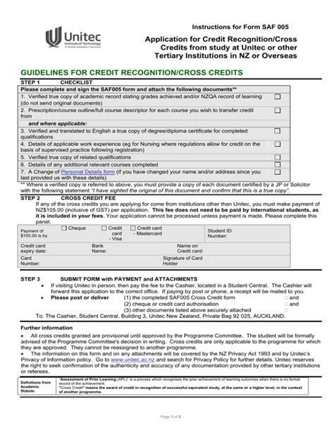 Unitec Credit Recognition Application Form Saf 005