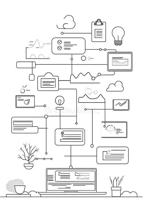 Illustration Of Digital Workflow With Computer Charts And Idea Symbols Stock Illustration