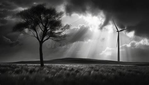 Silhouette Windmill Spinning Against Dramatic Moody Sky In Rural