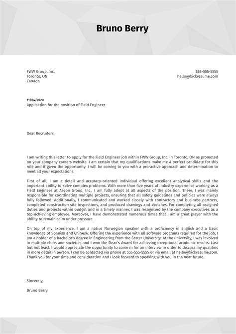 Field Engineer Cover Letter Example Kickresume