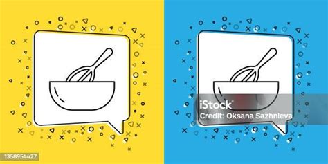 노란색과 파란색 배경에 고립 된 세트 주방 거품기와 그릇 아이콘 조리 기구 계란 비터 칼 붙이 기호 음식 믹스 기호 벡터 강철에 대한 스톡 벡터 아트 및 기타 이미지