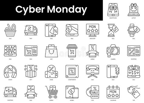 Set Of Outline Cyber Monday Icons Minimalist Thin Linear Web Icon Set