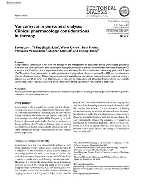 Pdf Vancomycin In Peritoneal Dialysis Clinical Pharmacology