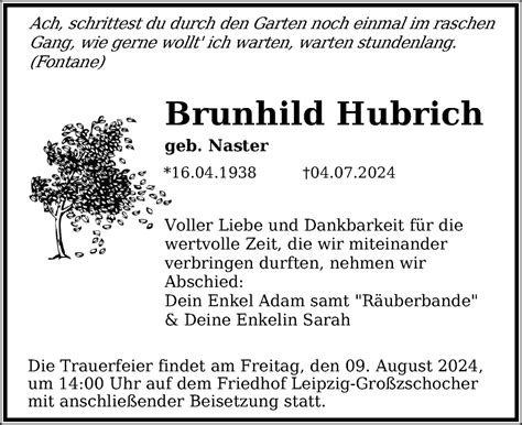 Traueranzeigen Von Brunhild Hubrich Trauer Anzeigen De
