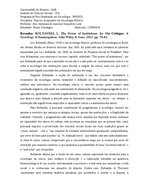 A Análise Da Relação Entre Ordem E Crítica Na Sociologia Das