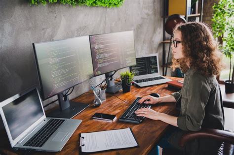 Photo Of Confident Successful Young Woman Hacker Software Developer Sitting Armchair Comfortable