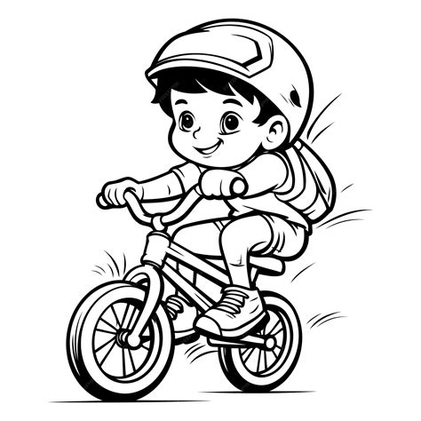 Boy Riding Bicycle Black And White Cartoon Illustration Clip Art