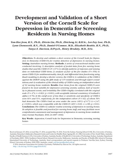 Pdf Development And Validation Of A Short Version Of The Cornell