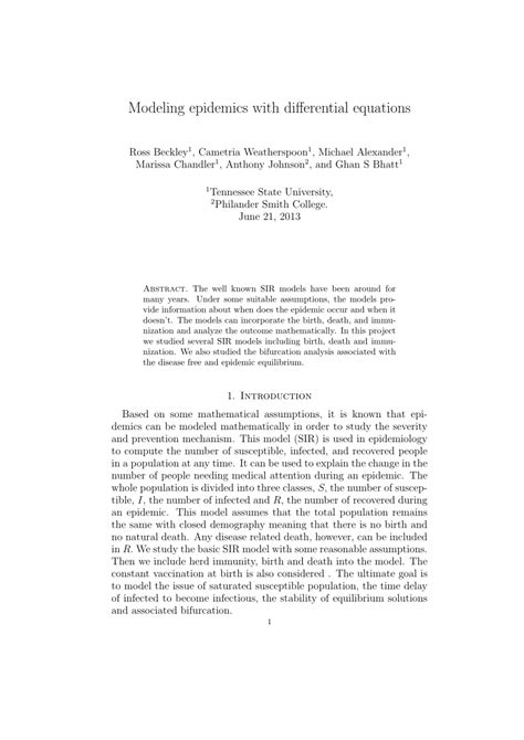 Pdf Modeling Epidemics With Differential Equations