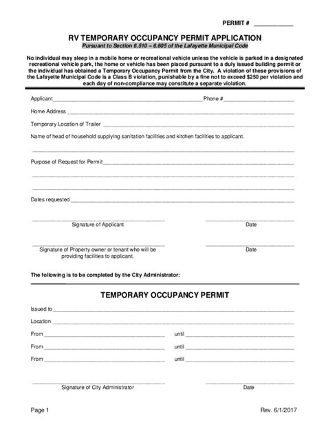 Fillable Online Rv Temporary Occupancy Permit Application Fax Email