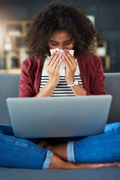 Woman House And Laptop With Blowing Nose On Illness Flu And Sinus In