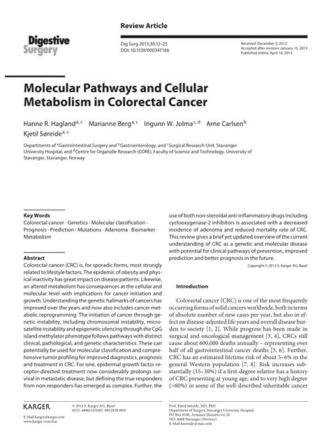 Pdf Molecular Pathways And Cellular Metabolism In Colorectal Cancer
