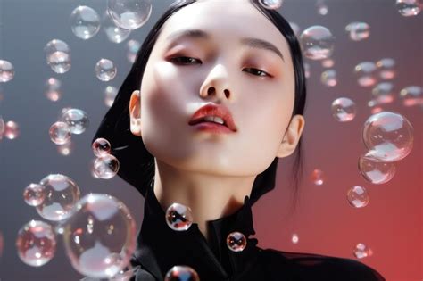 Premium Ai Image Bubble Elegance Asian Model Poses Gracefully Surrounded By A Whimsical