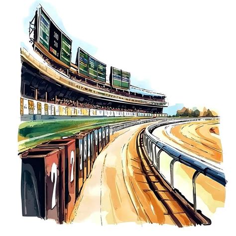 Watercolor Illustration Of A Race Track With Starting Gates And