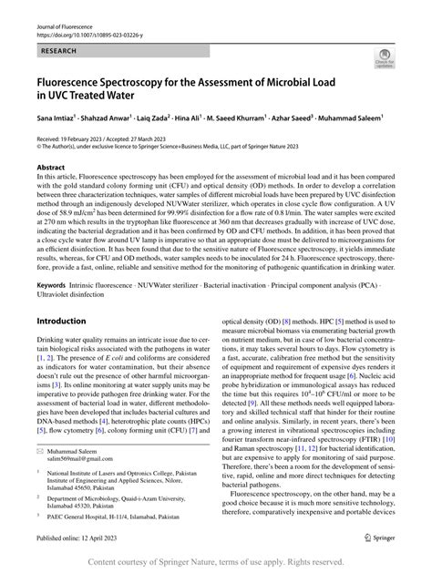 Fluorescence Spectroscopy For The Assessment Of Microbial Load In Uvc Treated Water Request Pdf