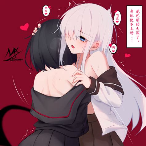 Shimmer Angel Girl Shimmer Black Haired Demon Girl Shimmer Original Highres 2girls Arm