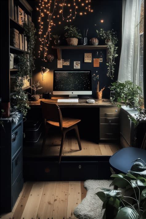 Dark Academia Workspace With Fairy Lights And Vintage Decor For Cozy