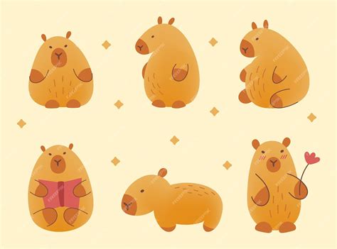Premium Vector Cute Hand Draw Capybara Set On Beige Background