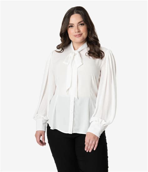 Unique Vintage Plus Size White Neck Tie Gwen Blouse Plus Size