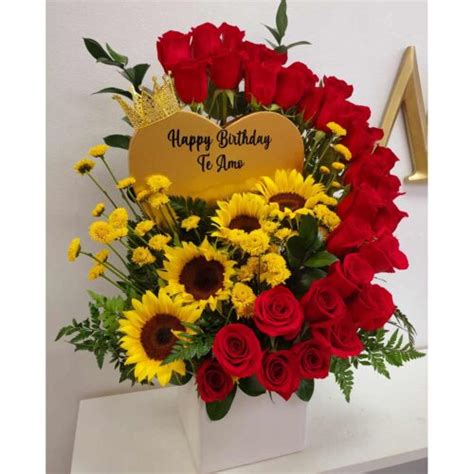 051 Happy Birthday Flower Arrangement With Golden Heart Red Roses And