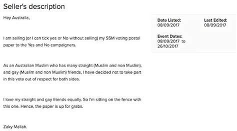Zaky Mallah Has Same Sex Mariage Vote Sale Pulled Off Ebay Daily Mail Online