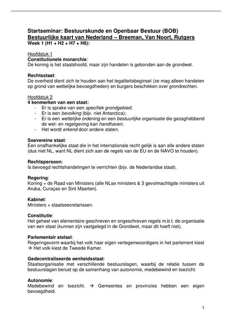 Samenvatting De Bestuurlijke Kaart Van Nederland Breeman Et Al Startseminar Bestuurskunde