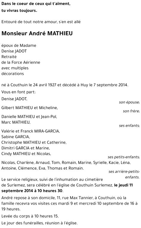 Avis De Décès De André Mathieu Décédé Le 07 09 2014 à Huy Annonce Condoléances Fleurs Etc