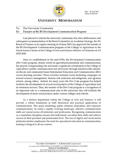 Xavier University Memo U2324 110 Transfer Of The Bs Development