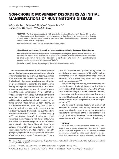 Pdf Non Choreic Movement Disorders As Initial Manifestations Of Huntingtons Disease