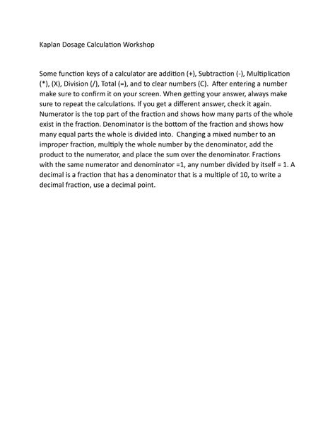 Kaplan Dosage And Calcualtion Workshop Kaplan Dosage Calculation Workshop Some Function Keys