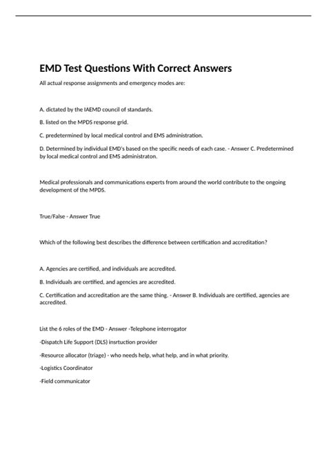 Emd Test Questions With Correct Answers Emd Emergency Medical