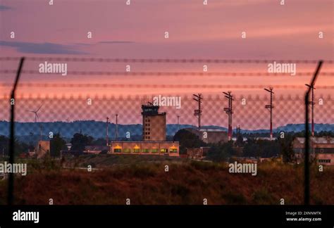 Miesenbach Germany 01st Aug 2024 The Tower Of Ramstein Air Base At Sunset Ramstein Air Base
