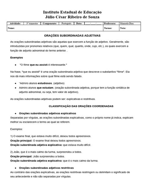 Mapa Mental Orações Subordinadas Adjetivas Pdf Linguística Gramática
