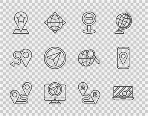 Set Line Route Location City Map Navigation Stop Sign Monitor With Marker Map Pointer Star