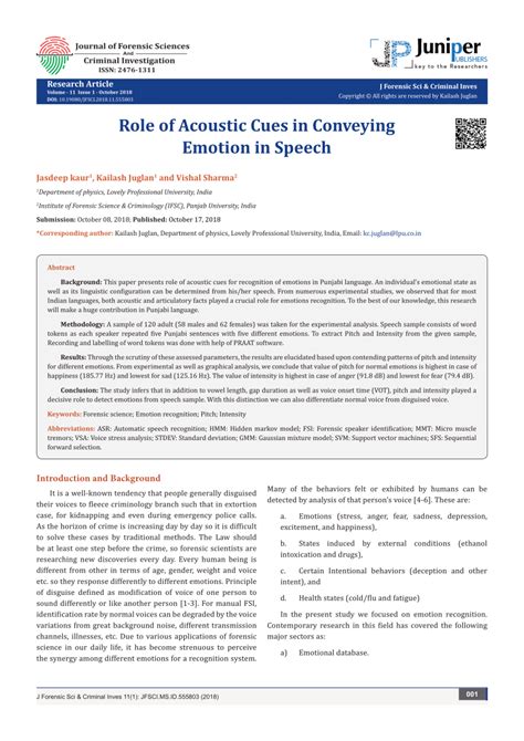 Pdf Role Of Acoustic Cues In Conveying Emotion In Speech
