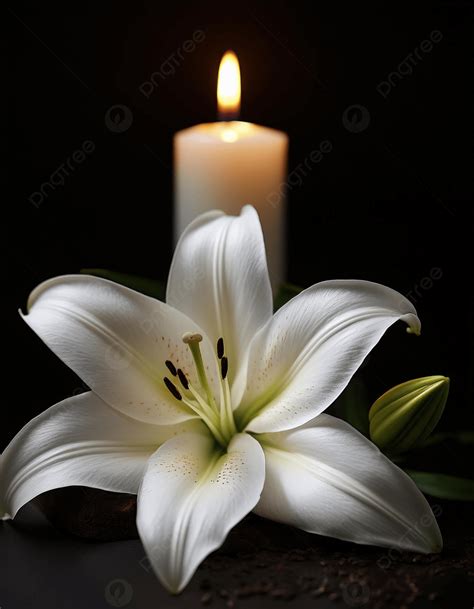 A Single White Lily Rests Before A Softly Glowing Candle A Poignant