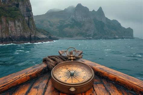 Premium Photo Antique Brass Compass On Wooden Sailboat Deck Against