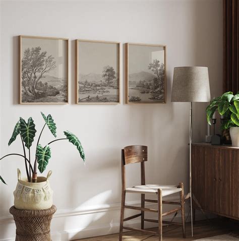 Neutral Landscape Drawing Print Set Vintage Farmhouse Gallery Wall