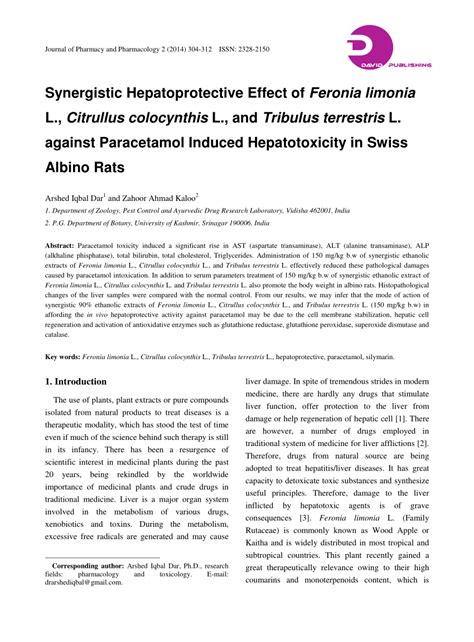Pdf Synergistic Hepatoprotective Effect Of Feronia Limonia L