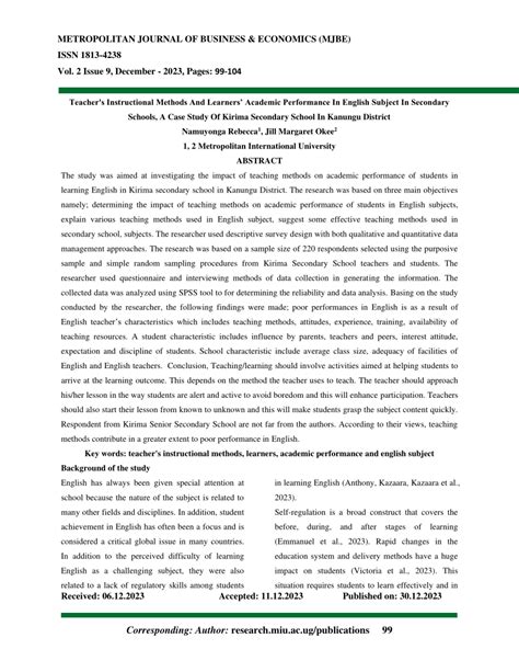 Pdf Teachers Instructional Methods And Learners Academic Performance In English Subject In